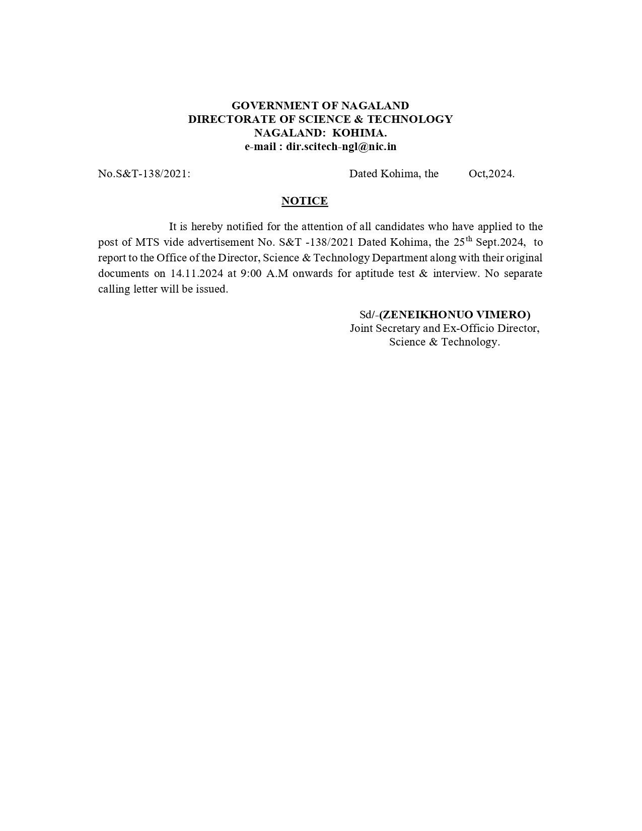 Notification Science And Technology Dipr Nagaland Department Of
